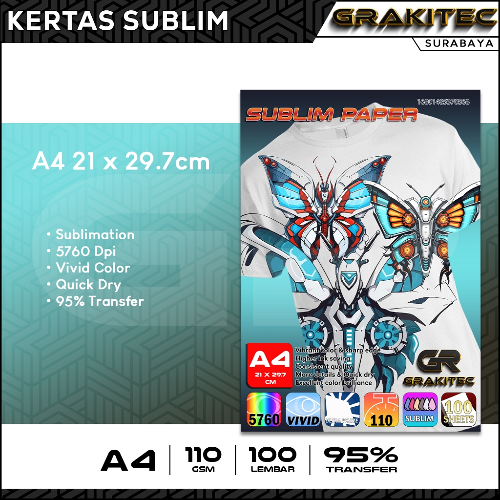 Jual Grakitec Kertas Sablon Sublim Transfer Paper isi 100 Lembar A4 / LEGAL F4+ / A3 110 Gsm ...