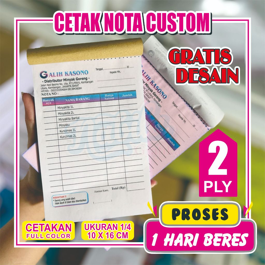 Jual cetak nota custom 2 ply ukuran 1/4 folio nama toko usaha sendiri ...