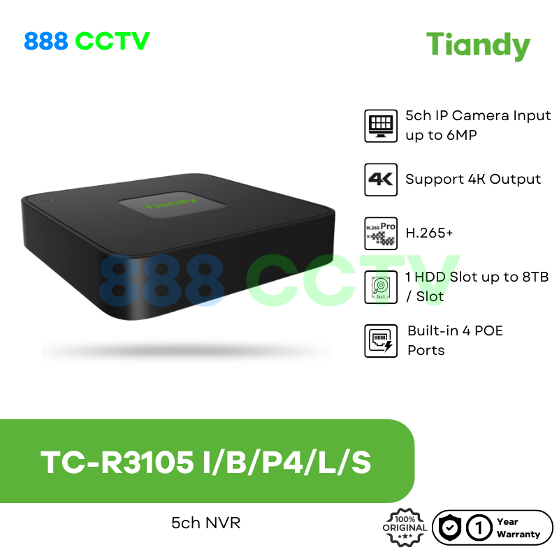 Jual TC-R3105 I/B/P4/L/S NVR 5ch Tiandy Built-in 4 Port POE Support ONVIF | Shopee Indonesia