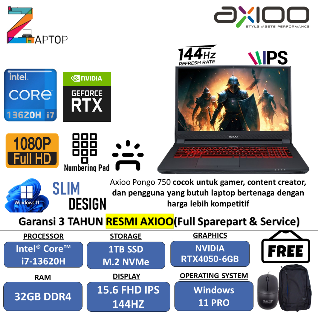 Jual Laptop Gaming AXIOO PONGO 750 Intel I7 13620H 32GB 1TB SSD RTX4050 ...