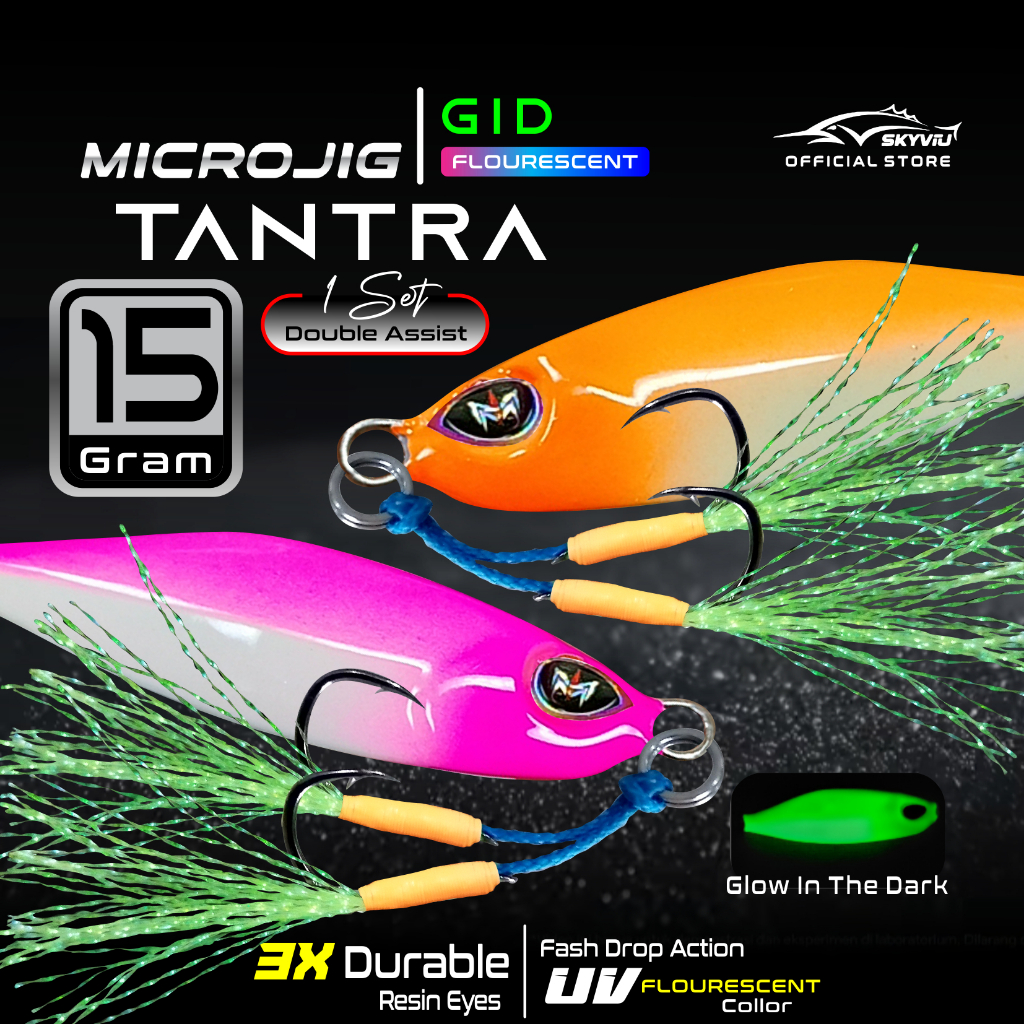 Jual Micro Jig 15 Gram SKYVIU TANTRA Full GID 1 Set Double Assist Hook Umpan Casting Uv Neon ...