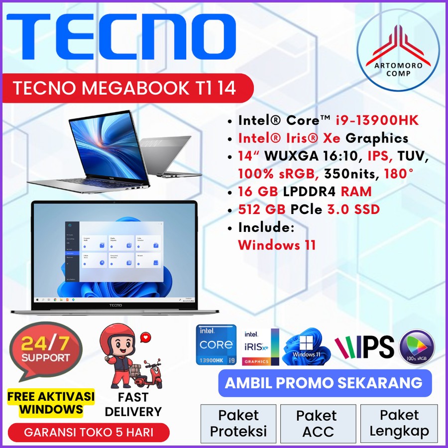 Jual LAPTOP TECNO MEGABOOK T1 14 I5 13420H 16GB 512GB W11 14.0WUXGA 100SRGB 75WH 1.39KG 2Y ...