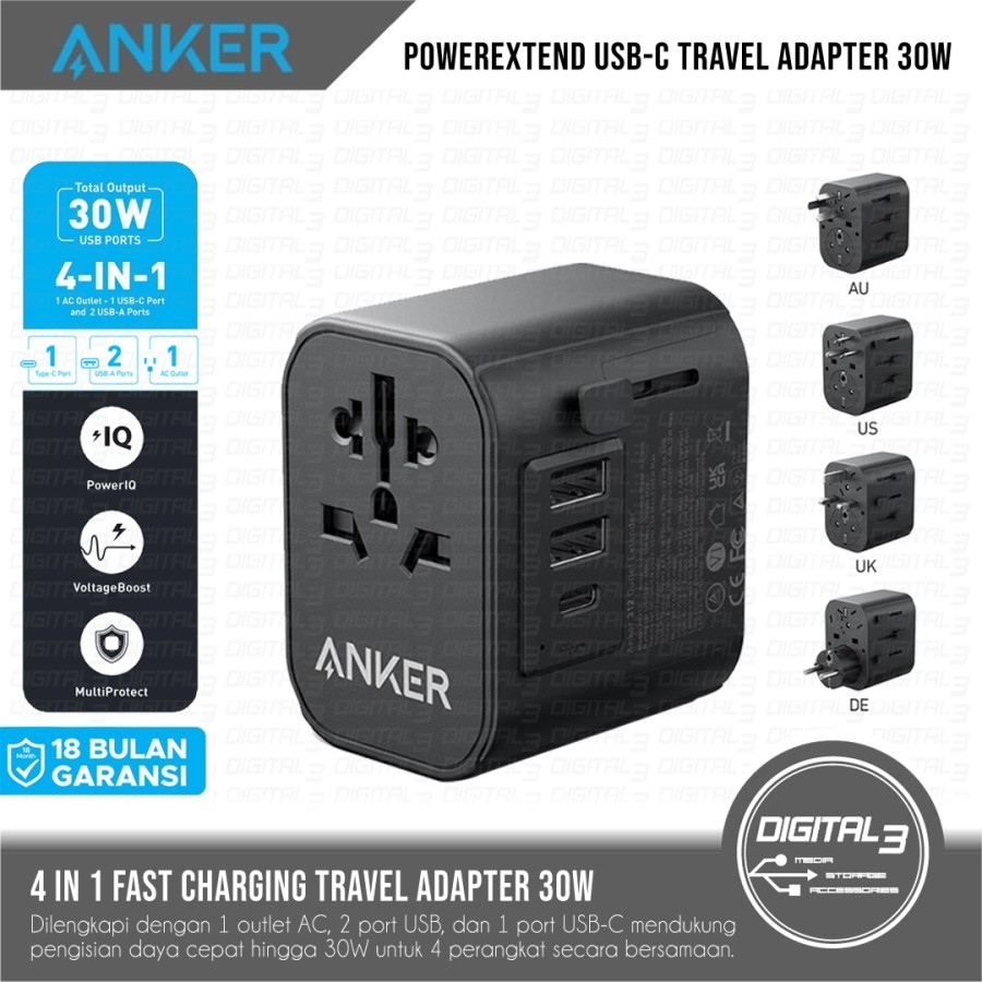 Jual ANKER 4 in 1 PowerExtend 312 Travel Adapter 30W Outlet Extender Multiport Type-C + USB-A ...