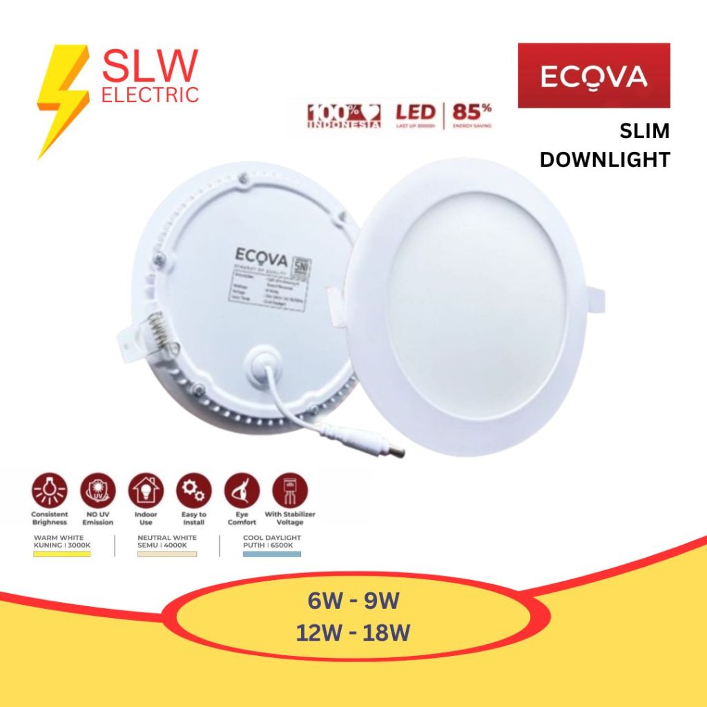 Jual ECOVA SLIM DOWNLIGHT LAMPU LED INBOW 6W 9W 12W 18W WATT 6500K COOL DAYLIGHT PUTIH 3000K ...