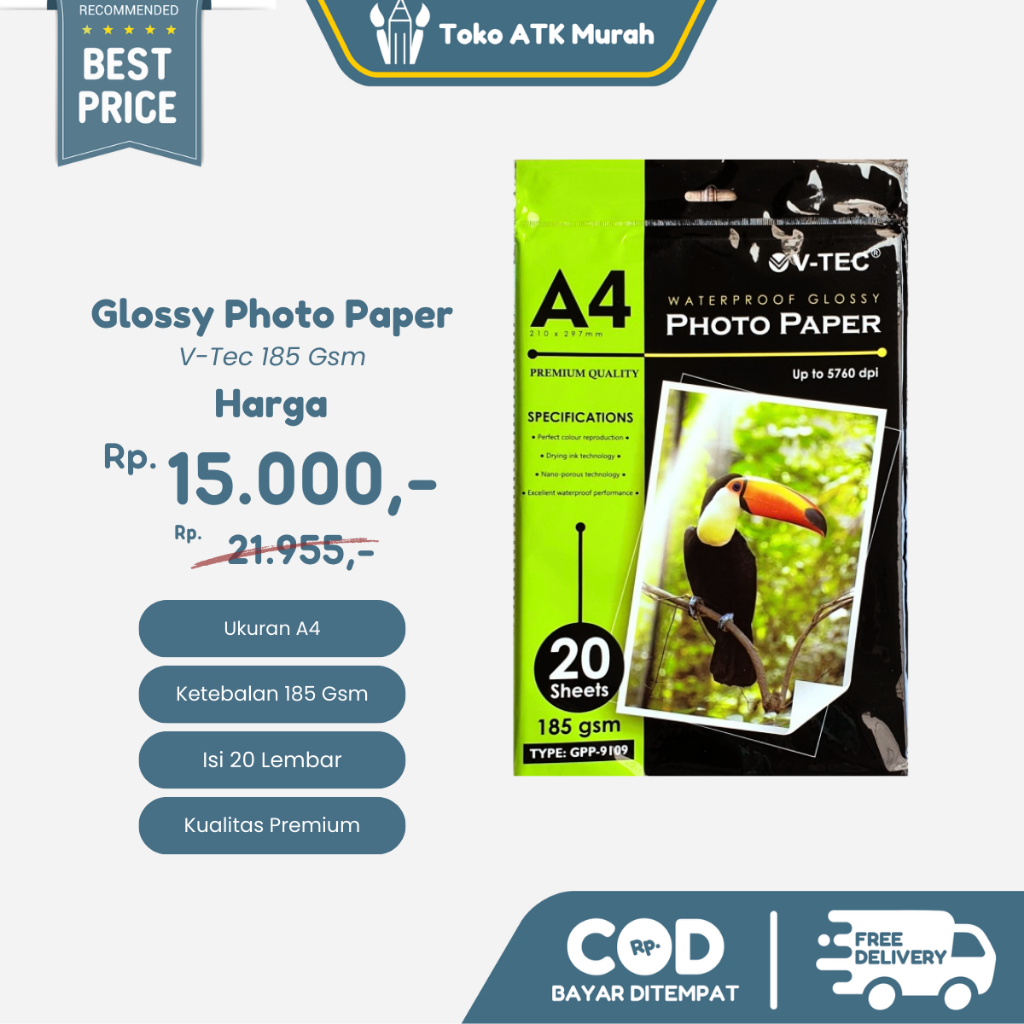 Jual V-Tec Glossy Photo Paper A4 185 gsm GPP-9109 Waterproof (20 Lembar) | Shopee Indonesia