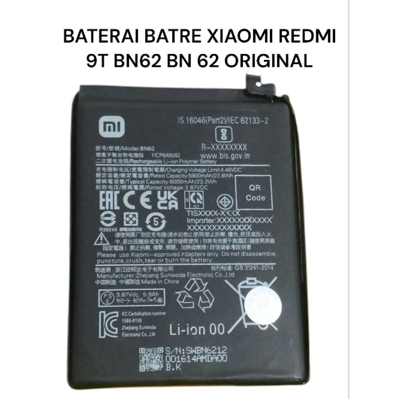 Jual BATERAI BATRE XIAOMI REDMI 9T BN62 BN 62 ORIGINAL | Shopee Indonesia