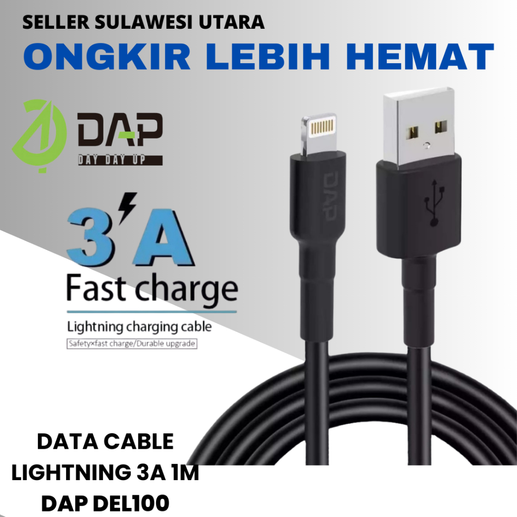 Jual KABEL DATA LIGHTNING 3A 1000MM DAP DEL100 | Shopee Indonesia