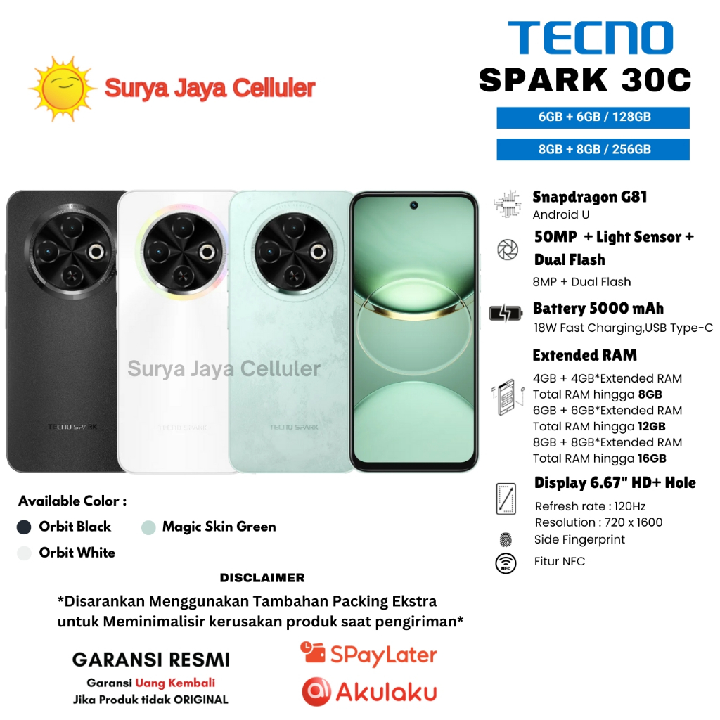 Jual TECNO SPARK 30C 8/256GB,30C 6/128GB, GO 1 4/128 GB, GO 1 4/64 GB(Garansi Resmi Tecno 1 ...