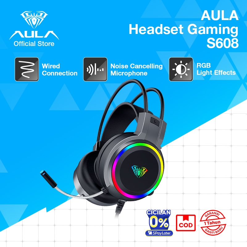 Jual AULA Headphone Gaming Wired RGB Lite S608 Gaming Headphone With Adjustable Microphone ...