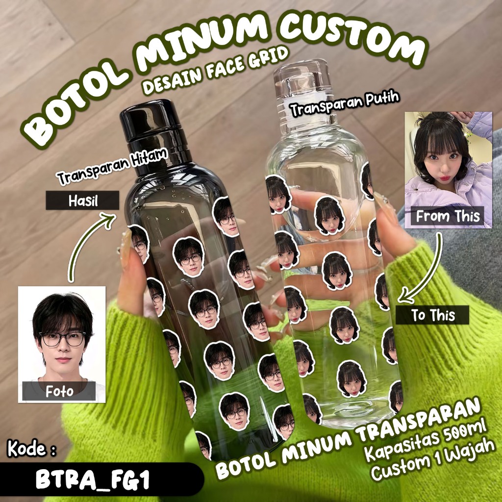 Jual BOTOL MINUM TRANSPARAN CUSTOM / BOTOL AESTHETIC DESAIN FACE GRID CETAK FULL PRINT UV ...