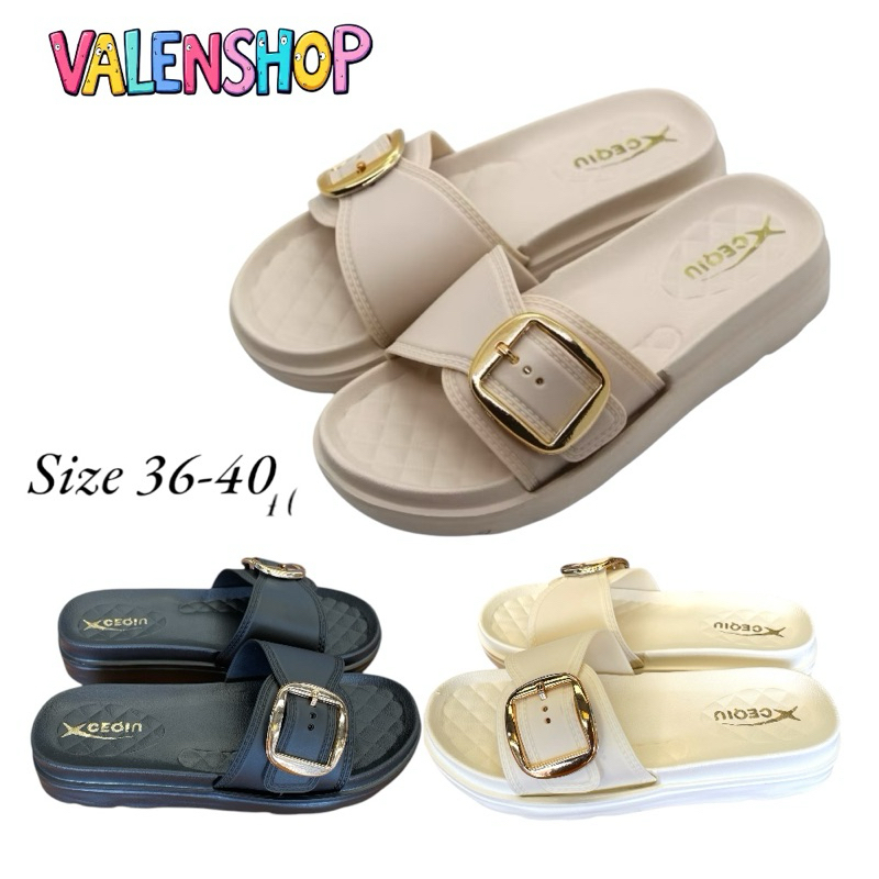 Jual Sandal slop wanita terbaru viral sendal Slip on Motif Gesper Gold ...