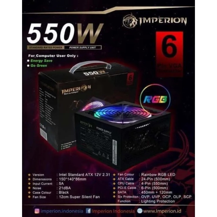 Jual Imperion PSU 550W RGB with 6 Pin VGA Power Supply | Shopee Indonesia
