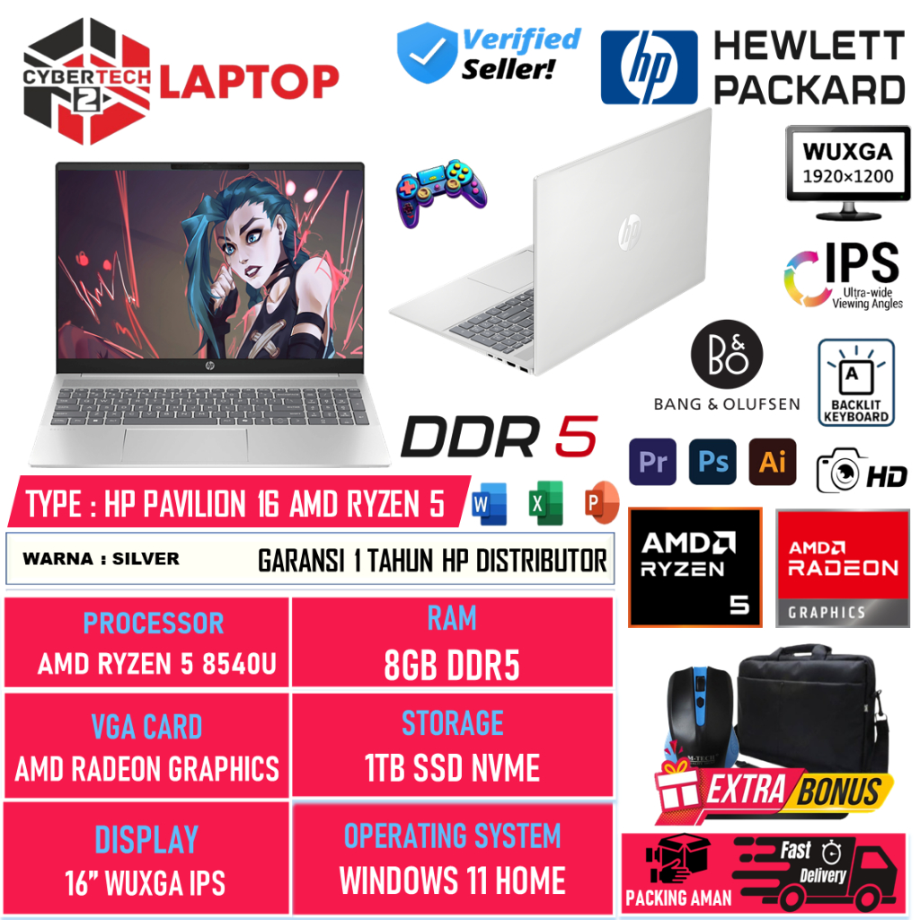 Jual Laptop HP Pavilion 16 Amd Ryzen 5 8540U RAM 8GB DDR5 SSD 1TB 16 Inch WUXGA IPS Backlit ...