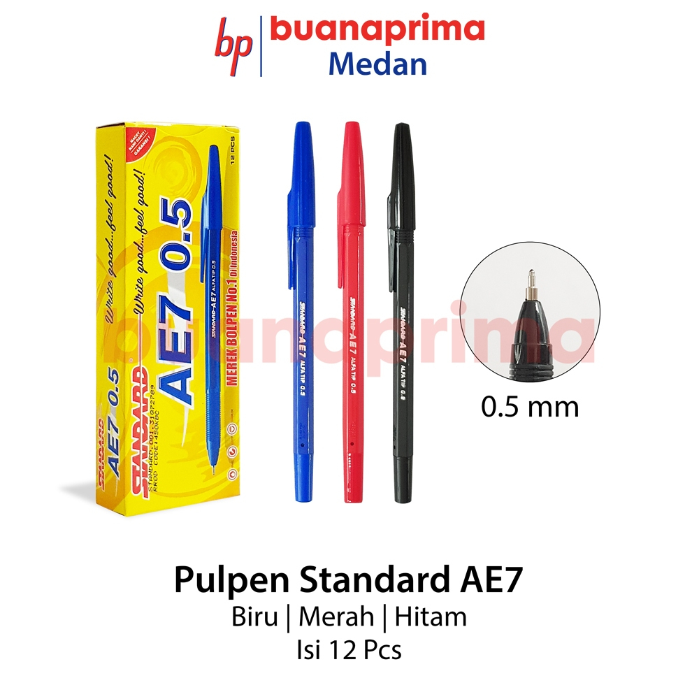 Jual Pulpen STANDARD AE7 1 Box isi 12 pcs Hitam Biru Merah Pen Ballpoin ...