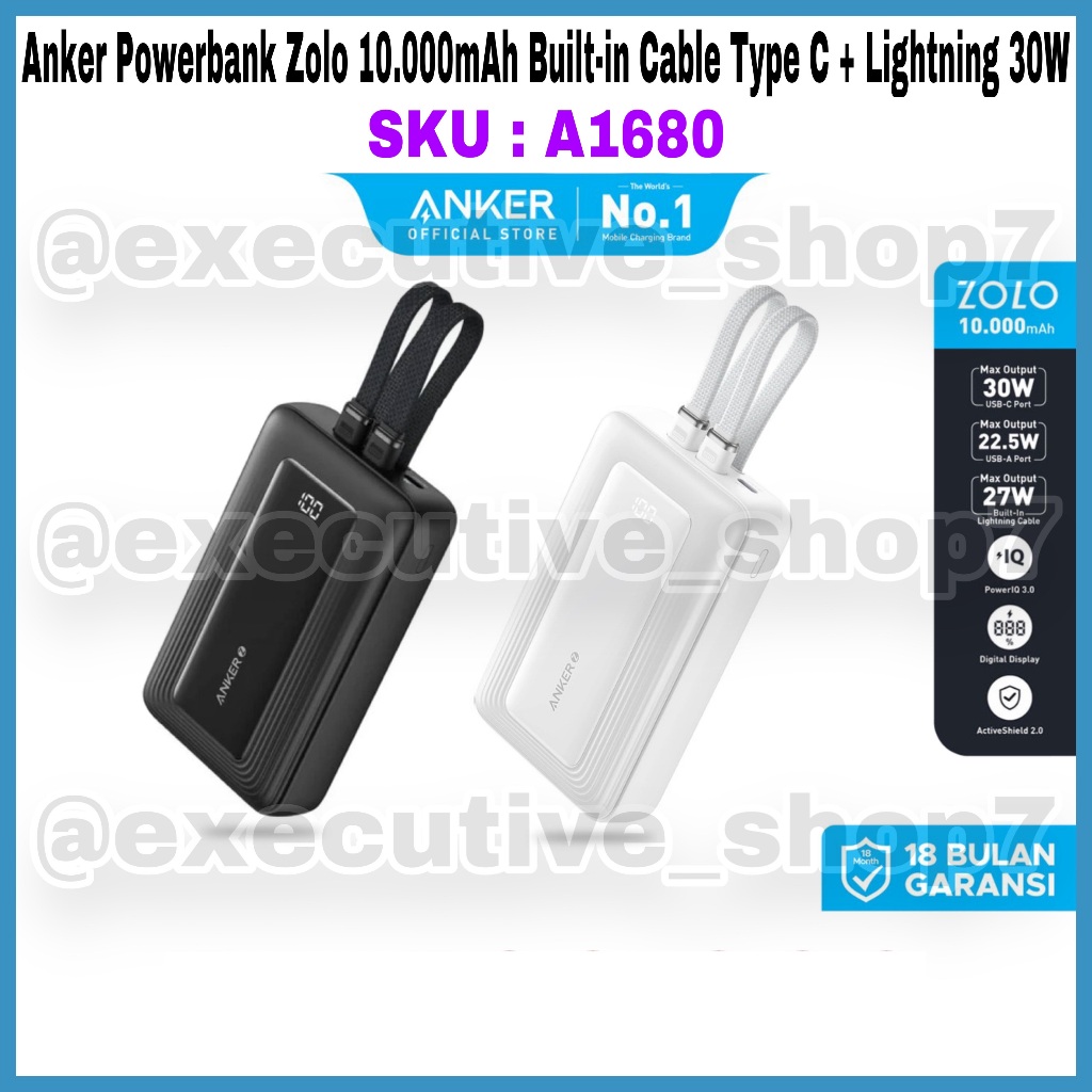 Jual Anker Powerbank Zolo 10.000mAh Built-in Cable Type C + Lightning ...
