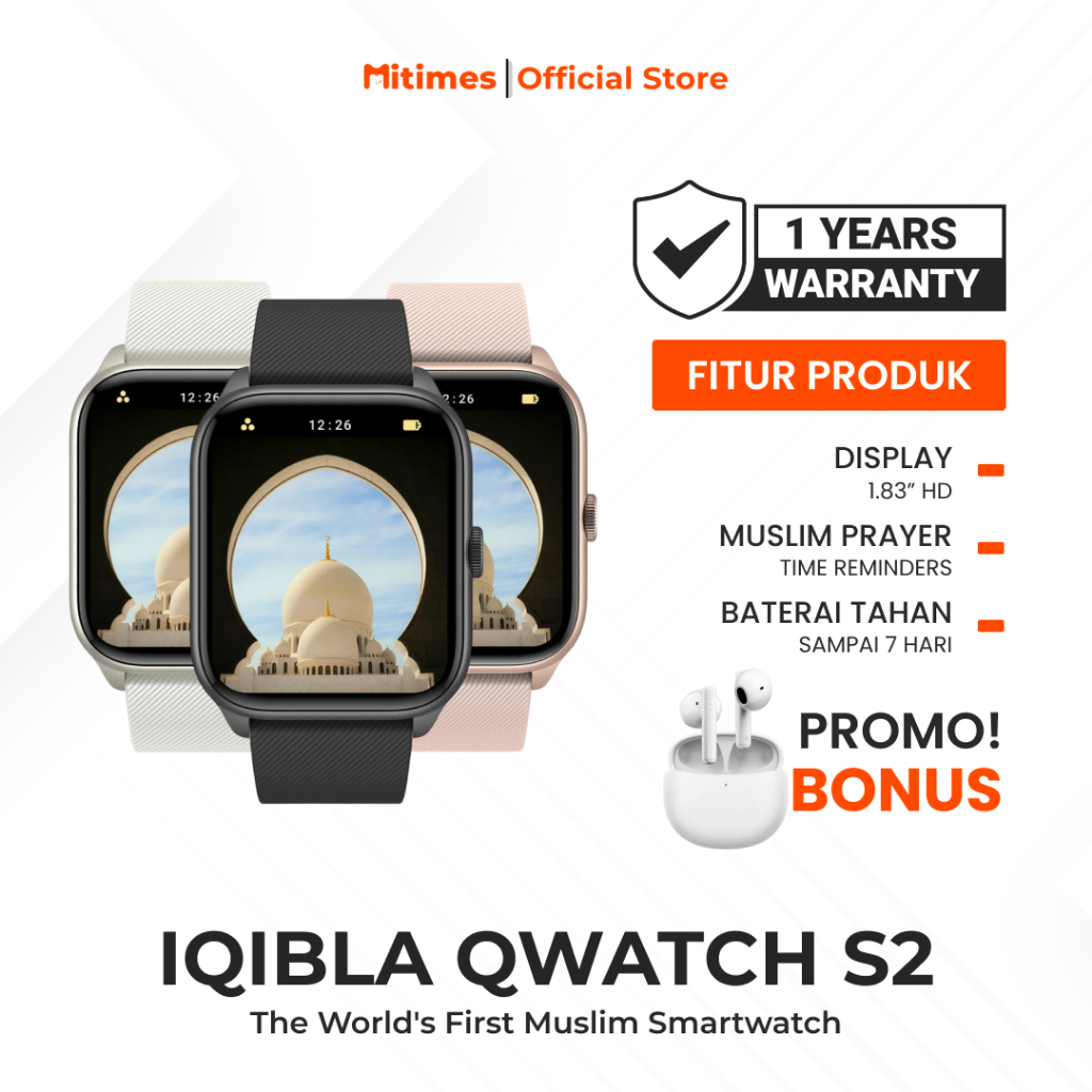 Jual iQibla QWatch S2 1.83 Inch | Quran Watch | Smartwatch Bluetooth Phone Call | Shopee Indonesia