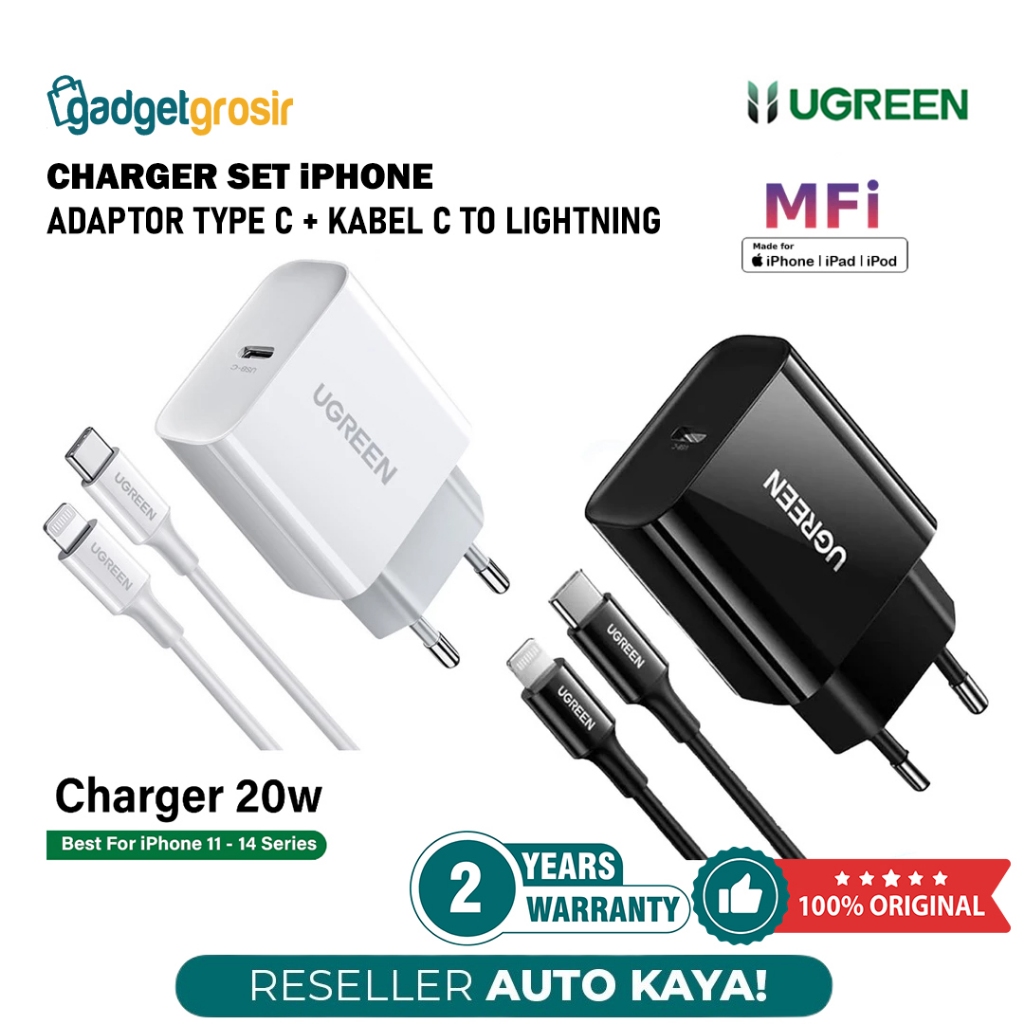Jual UGREEN Charger Set iPhone MFi 20W Adaptor Type C & Kabel Type C to Lightning 1 Meter PD ...