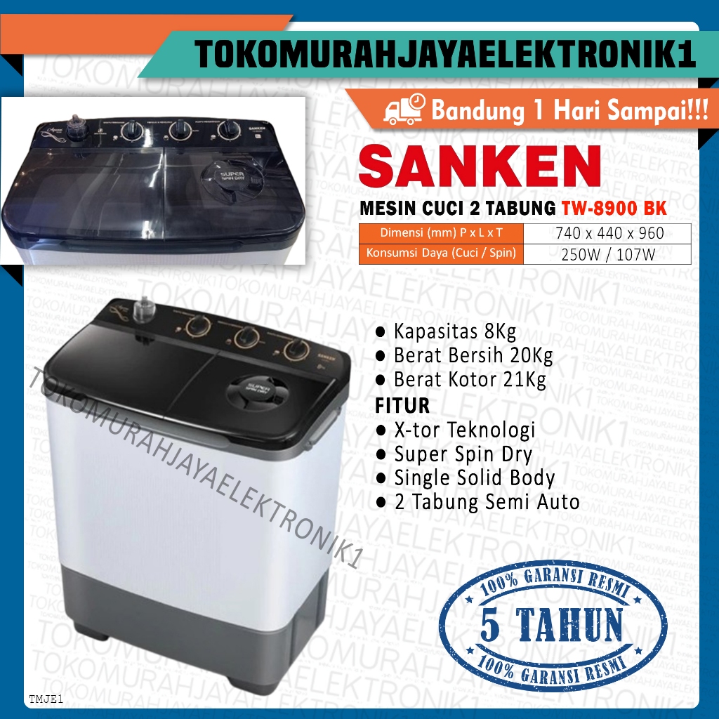 Jual Mesin Cuci SANKEN 2 Tabung 8 kg TW-8900 BK Super Spin Dry Garansi ...