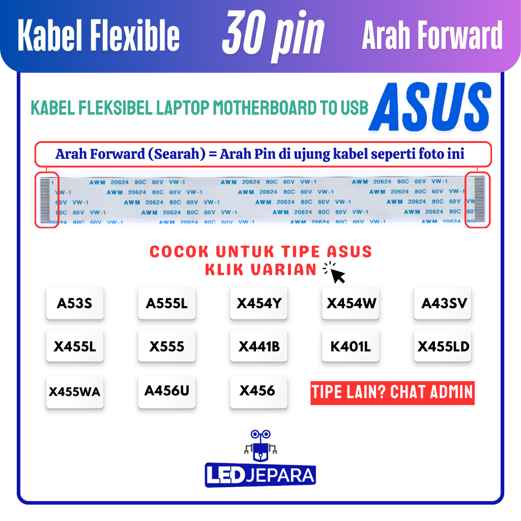 Jual Kabel Flexible 30 Pin Kabel Fleksibel Laptop Motherboard to USB ASUS A53S K53S A555L X454Y ...
