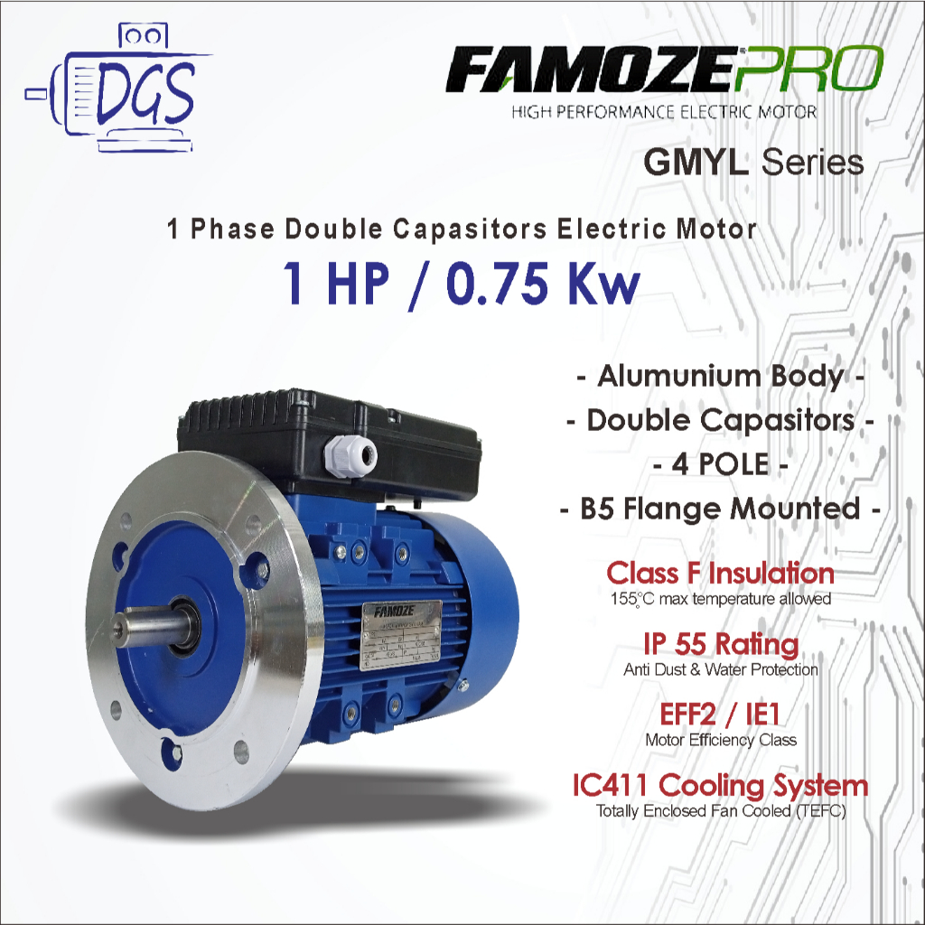Jual Famoze Pro Dinamo 1 HP / 0.75 Kw B5 Flange 1 Phase Double Capasitor GMYL Electric Motor ...