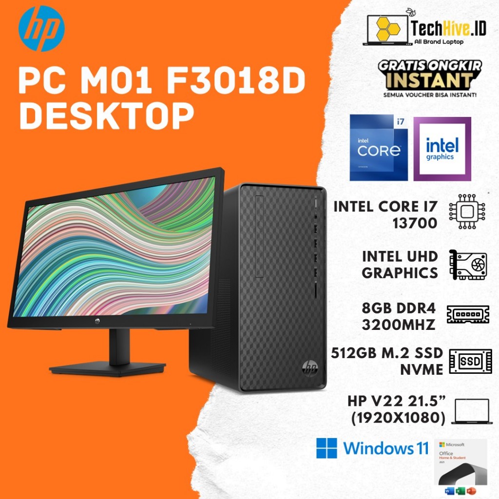 Jual PC Desktop HP PC M01 F3018D I7 13700 8GB 512GB W11+OHS BLK + MONITOR V22 | Shopee Indonesia