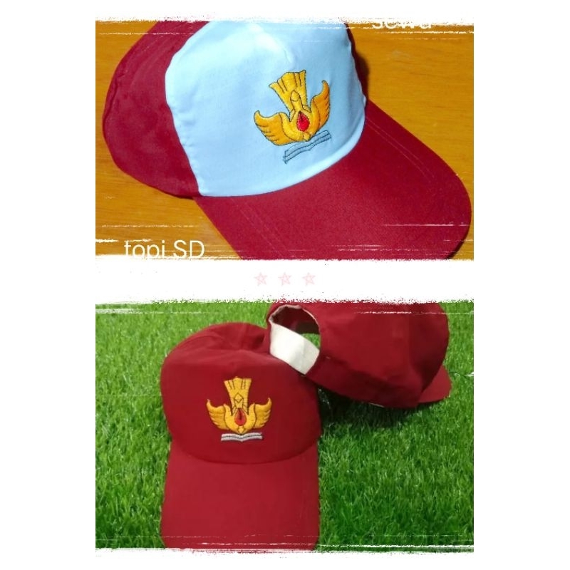 Jual Topi sekolah SD merah full/polos dan merah putih loggo bordir tut ...