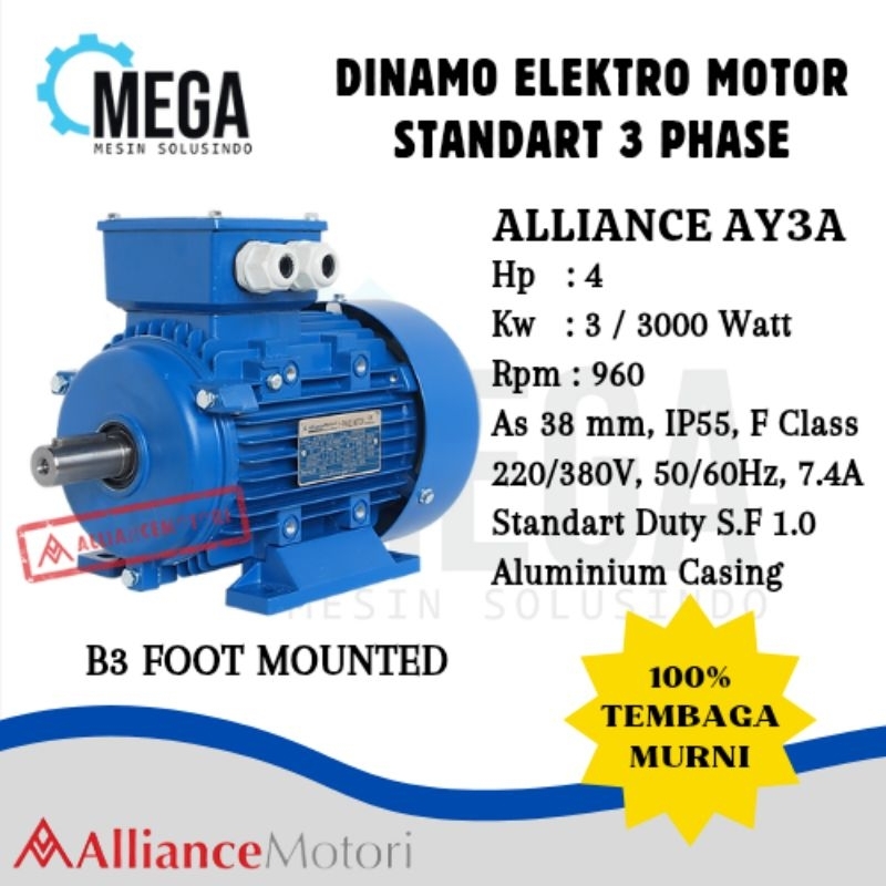 Jual Alliance Dinamo 3 Phase 4 HP 3 KW 900rpm 100% LILITAN TEMBAGA -- Electro Motor Duduk AY3A 6 ...