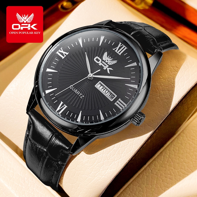 Jual OPK Jam Tangan Pria Anti Air Original Black Fashion Kulit Kalender ...