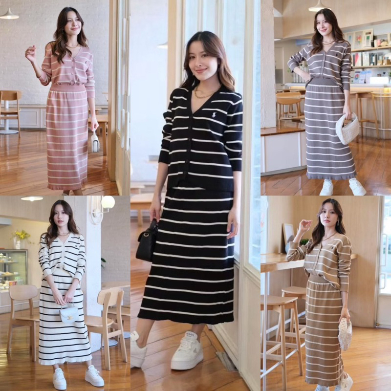 Jual ONESET KNIT STRIPES SALUR / SET CARDIGAN ROK SALUR | Shopee Indonesia