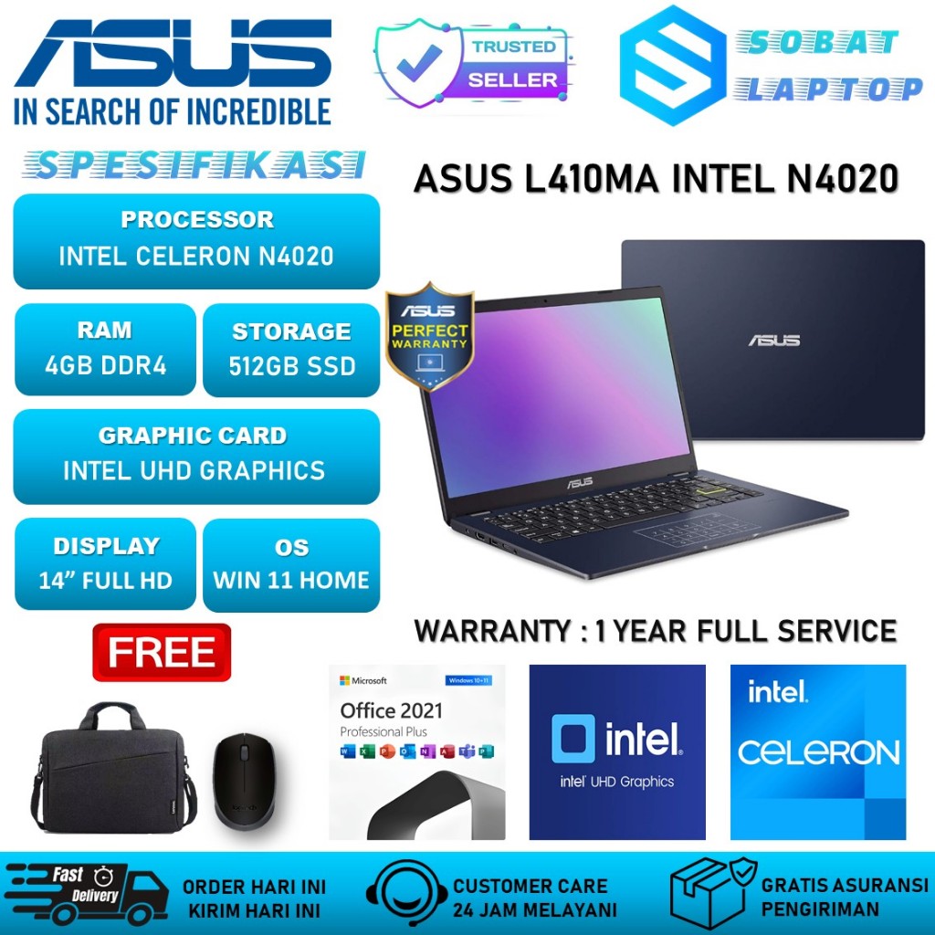 Jual Laptop Slim Asus Vivobook 14 L410MA Intel N4020 Ram 4GB 512GB SSD ...
