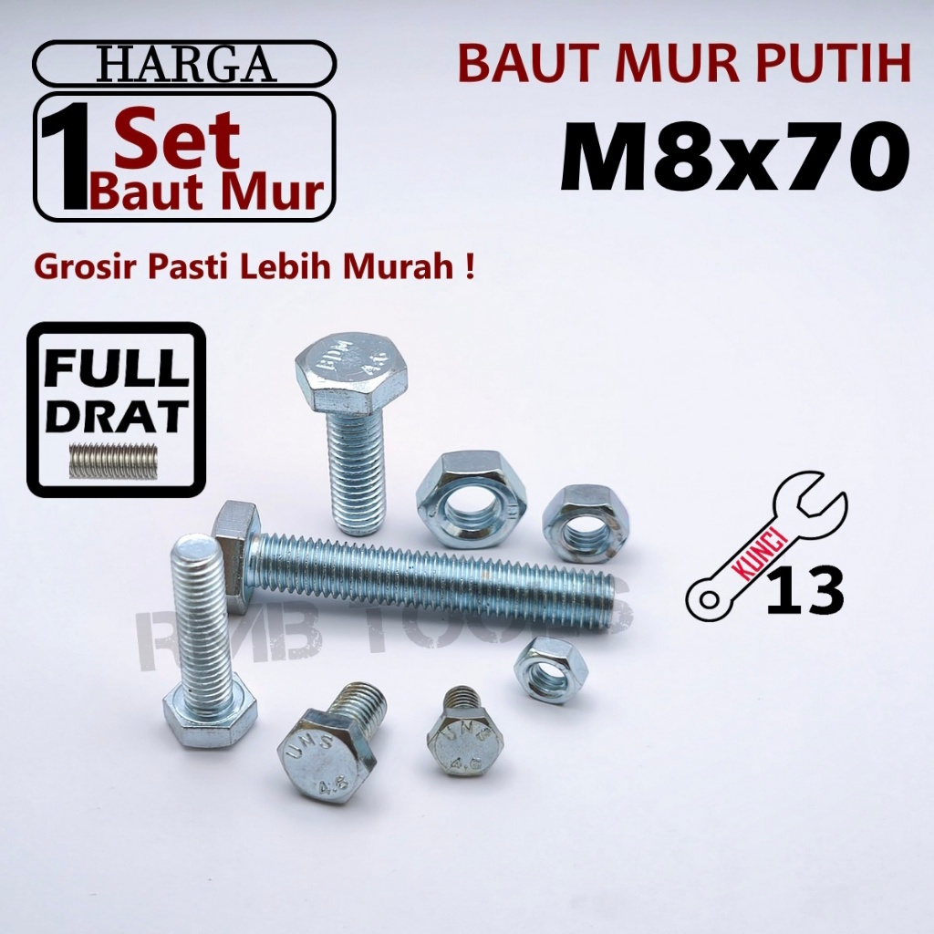 Jual Baut Mur Putih Hex M8x70 Besi GALVANIS BMP Hexagon Kunci 13 M8 | Shopee Indonesia