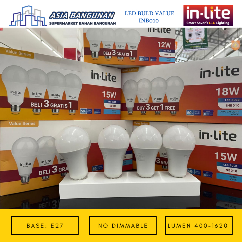 Jual ASIA BANGUNAN - Inlite Led Buld Value INB010 12W White Paket 4 12W/15W/18W | Shopee Indonesia