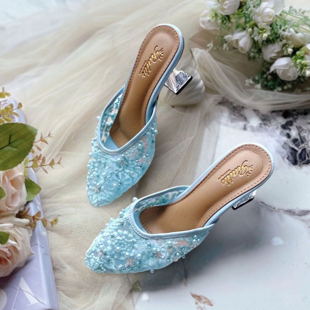 Jual Heels 7cm Kaca Brukat Payet Mewah baby blue / Wedding Shoes ...