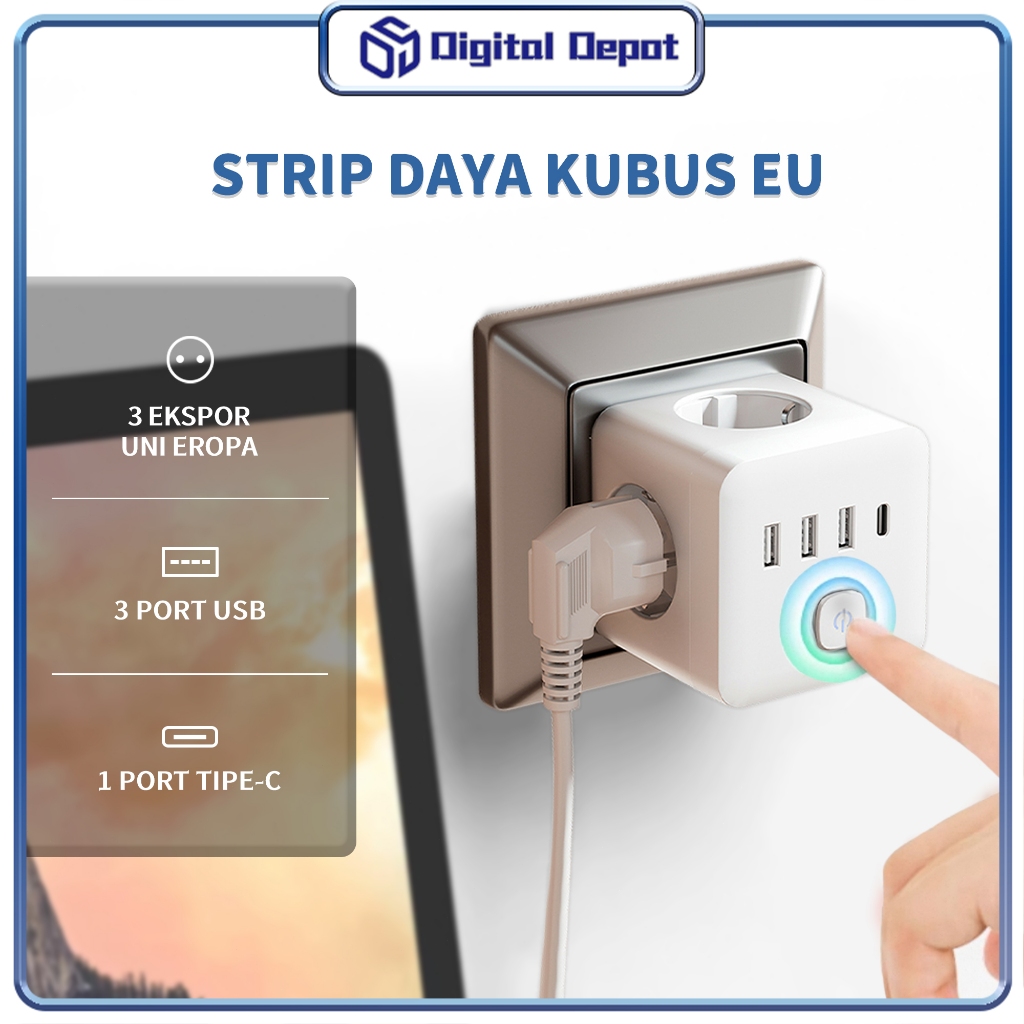 Jual Digital Depot Cube Stop Kontak 7-in-1 Type-C/USB 4000W Pengisian Cepat Proteksi Sengatan ...