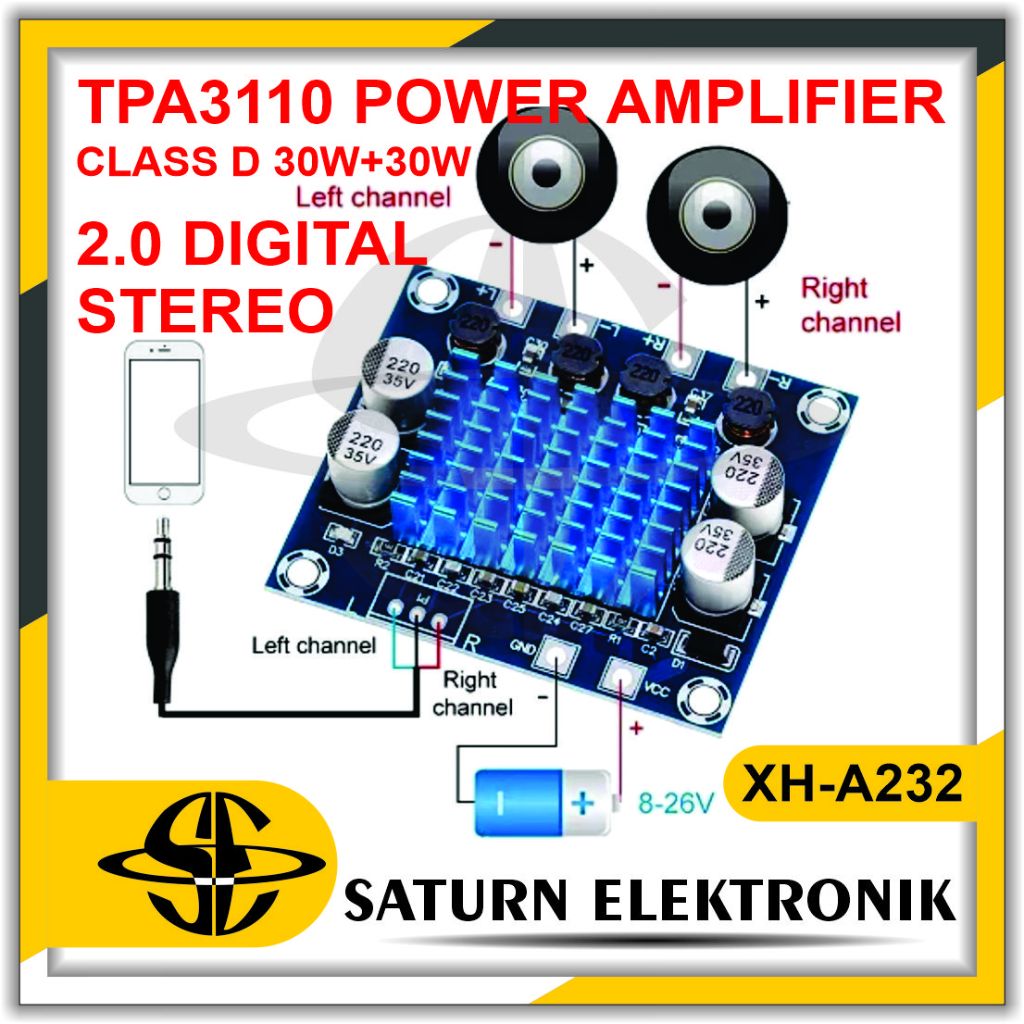 Jual TPA3110 XH-A232 Power Amplifier Board 30W+30W 2.0 Channel Digital Stereo Audio DC 8-20V 3A ...