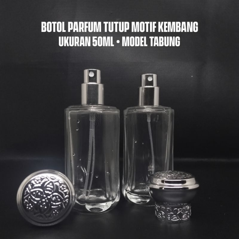 Jual BOTOL PARFUM KACA BENING MOTIF TUTUP KEMBANG 50ML SPRAY TUTUP DRAT ...