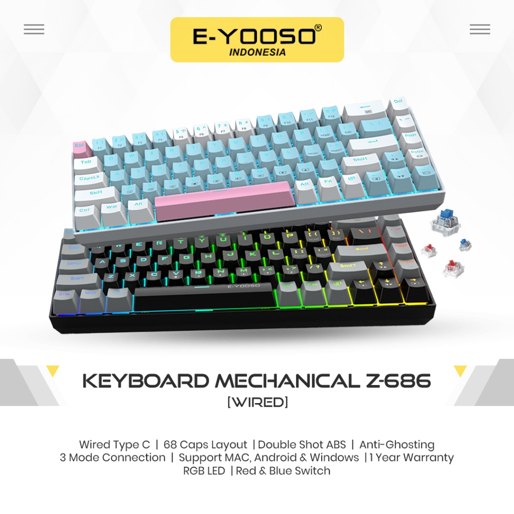 Jual E-YOOSO Z-686 Wireless Mechanical Gaming Keyboard 68key 3Mode ...