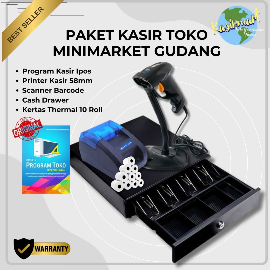 Jual PAKET ALAT KASIR PRINTER KASIR 58MM LACI KASIR CASH DRAWER SCANNER BARCODE 1D PROGRAM IPOS ...