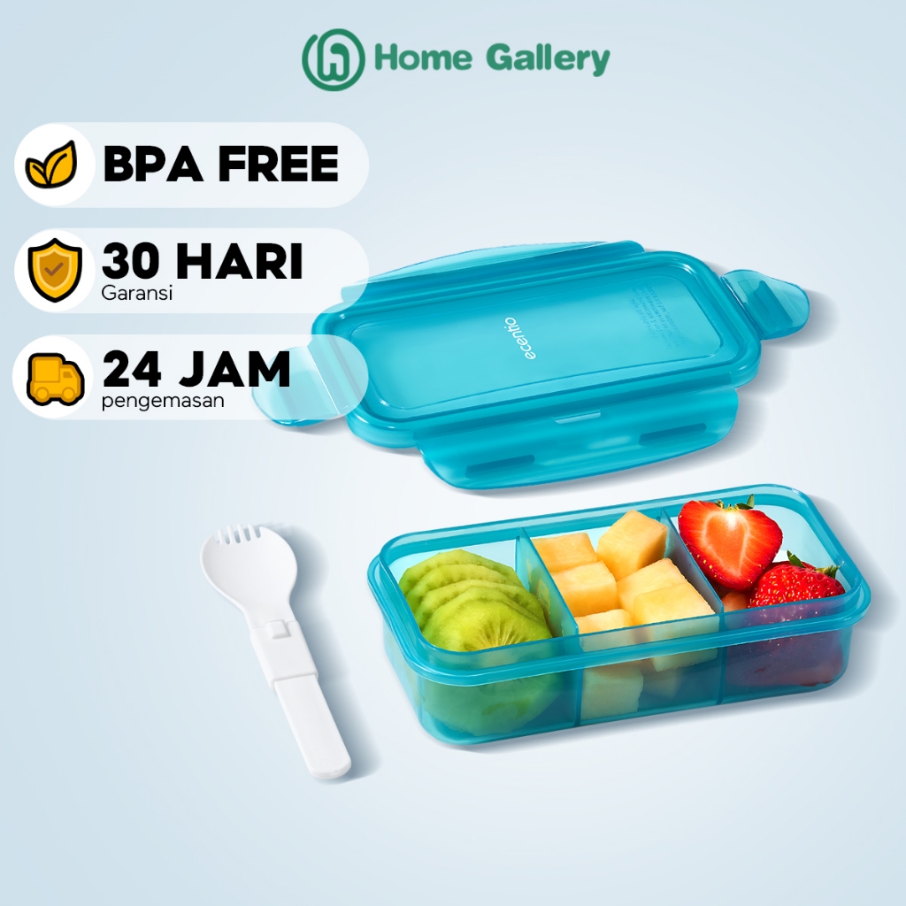 Jual ecentio Kotak Makan 3 Grid 430ml lunch box tempat sendok wadah ...