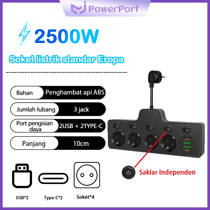 Jual Powerport 2500W Power Soket Stop Kontak Soket listrik dengan sakelar terpisah USB Kabel ...