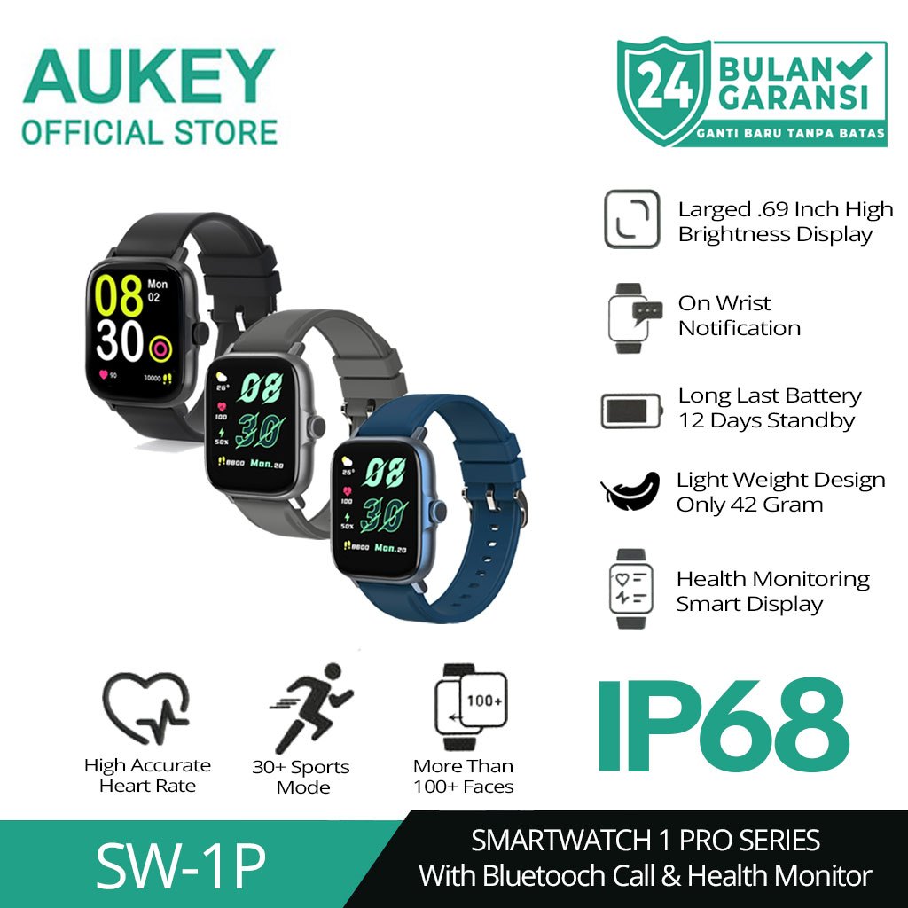 Jual AUKEY SmartWatch 1 Pro Water Proof IP68 With Bluetooth Call SW-1P ...