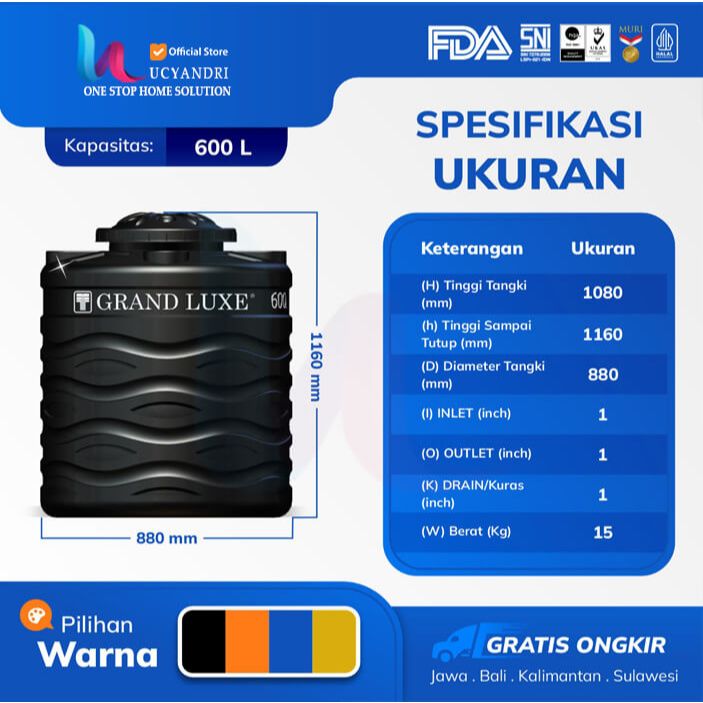 Jual TANGKI AIR TANDON TOREN AIR GRAND GLX 600 Vol. 600 L | Shopee ...