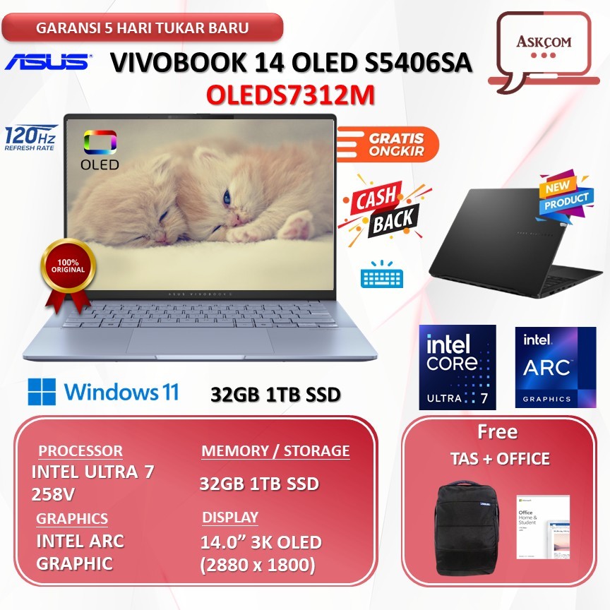 Jual Asus VivoBook S 14 Oled S5406SA Ultra 7 258V 32GB 1TB W11+OHS 14.0 ...