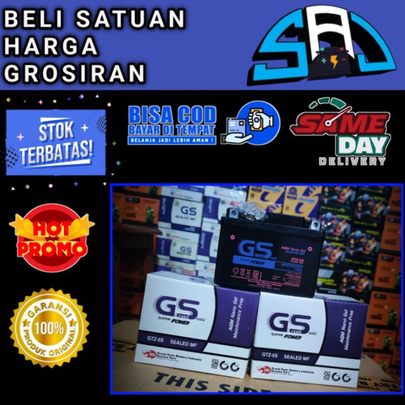 Jual Aki motor kering GS mf GTZ5S murah beat karbu, vario 110, scoopy, mio soul, revo | Shopee ...