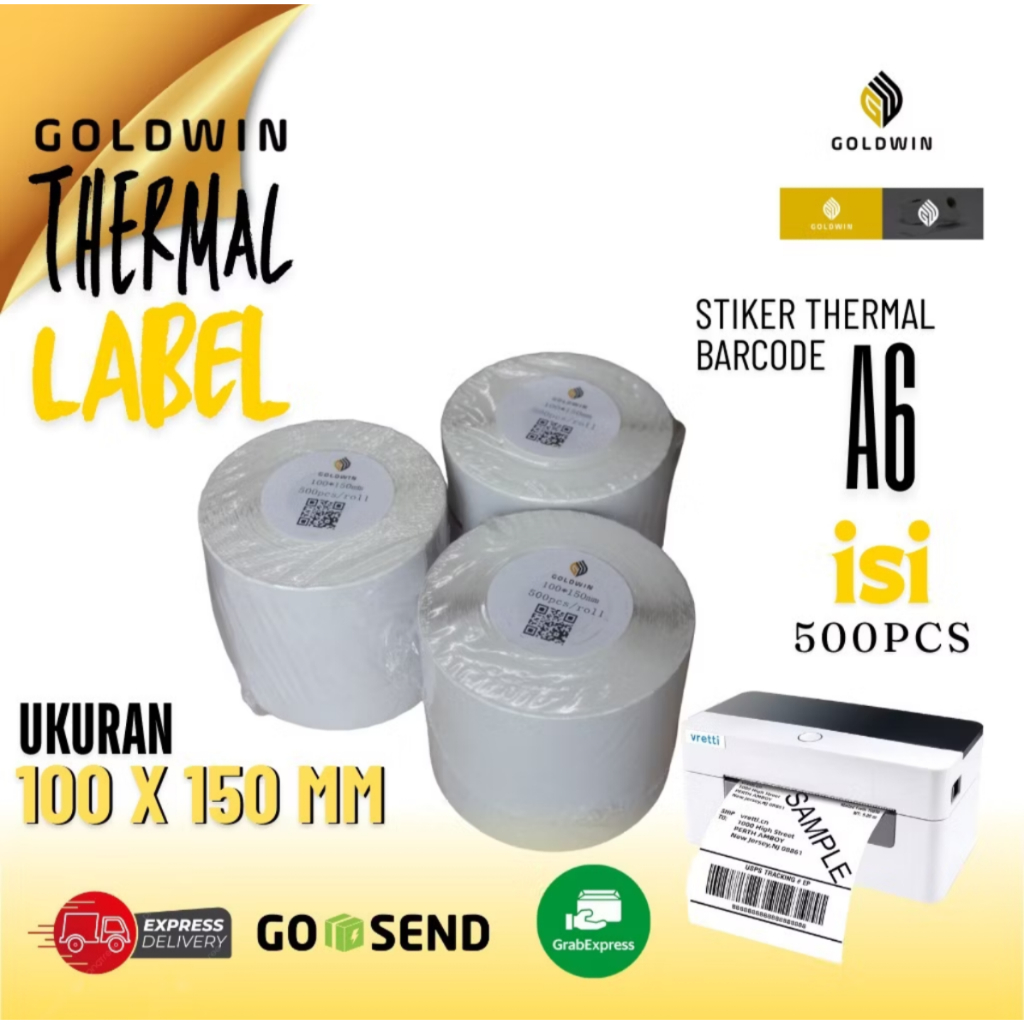 Jual STICKER KERTAS THERMAL LABEL 100X150 MM A6 500 LEMBAR GOLDWIN | Shopee Indonesia