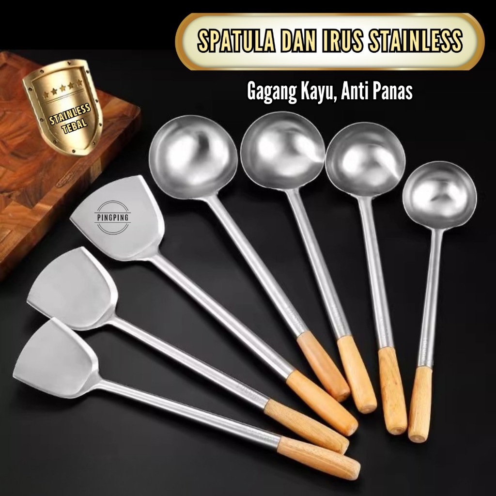 Jual Centong Sayur & Spatula Stainless Steel Gagang Kayu – IRUS / SUTIL ...