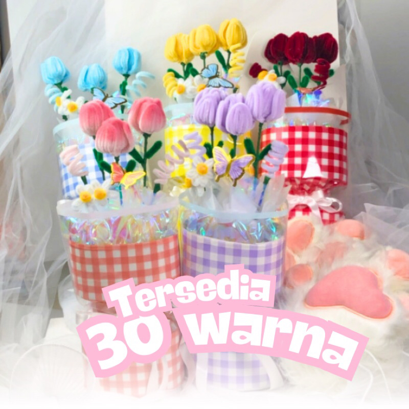 Jual Buket Bundar Kawat Bulu Bunga Tulip Palsu Round Bouquet Hologram ...