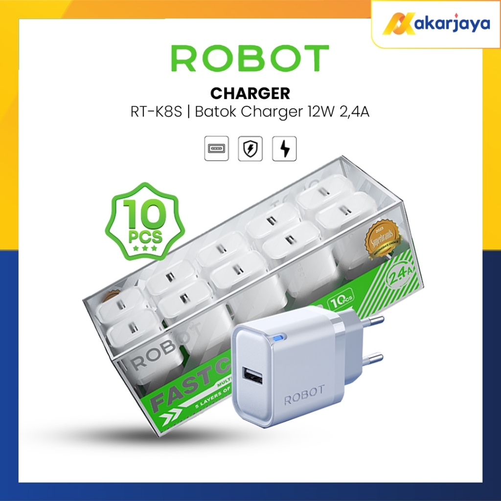 Jual (1BOX 10PCS) Robot RT-K8S Adapter Charger Batok USB-A LED INDICATOR 12WATT 2.4A | Shopee ...