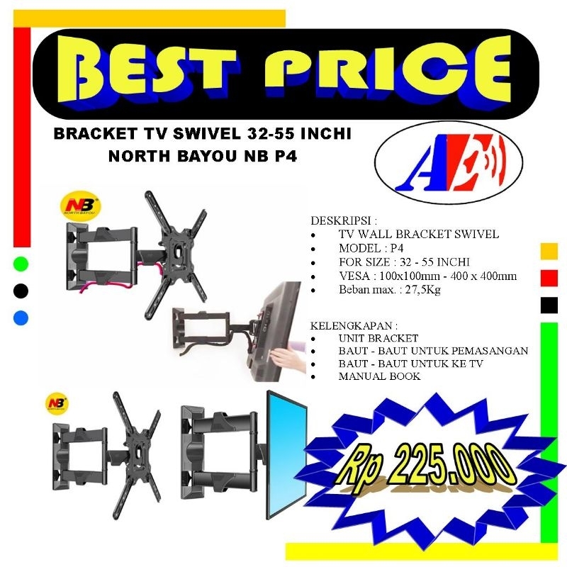 Jual Bracket swivel 32"-55" north bayou NB P4 braket led tv | Shopee ...