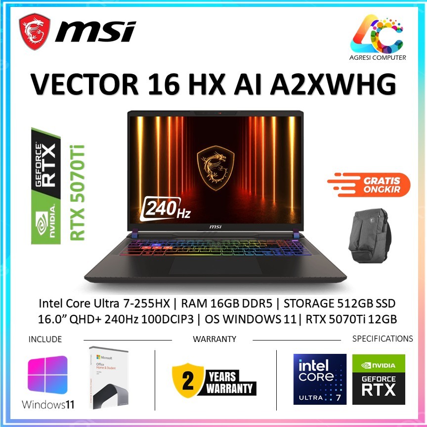 Jual Msi Vector 16 HX AI A2XWHG Ultra 7-255HX RTX 5070Ti RAM 16GB 512GB ...